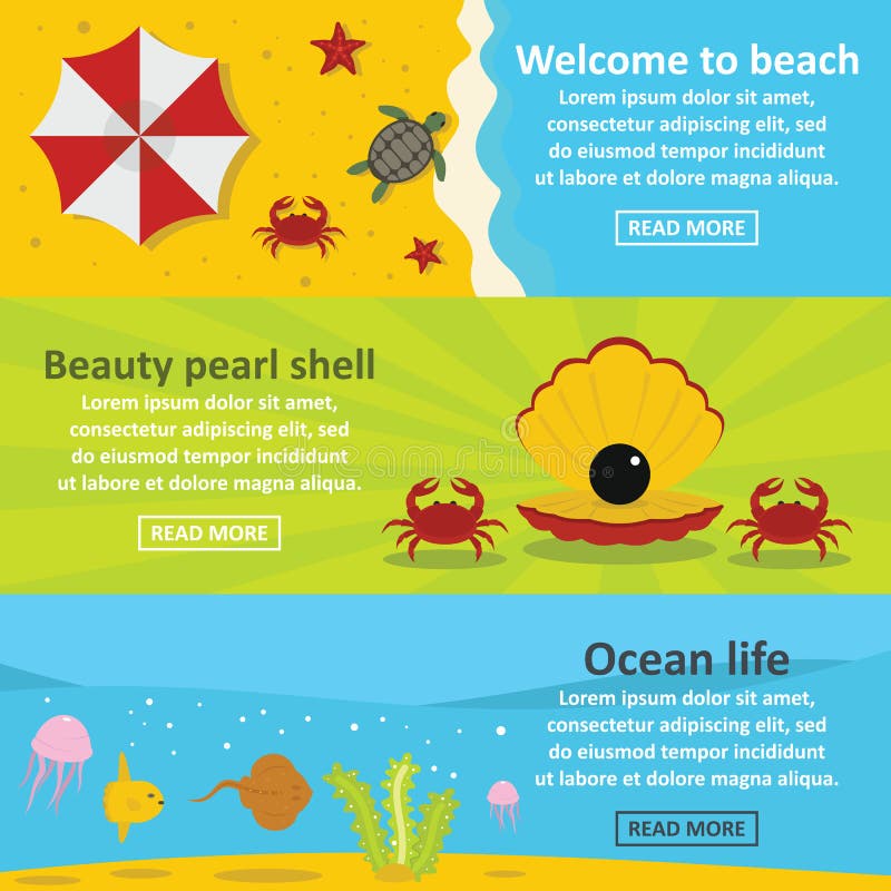 Ocean Life Banner Horizontal Set, Flat Style Stock Vector ...