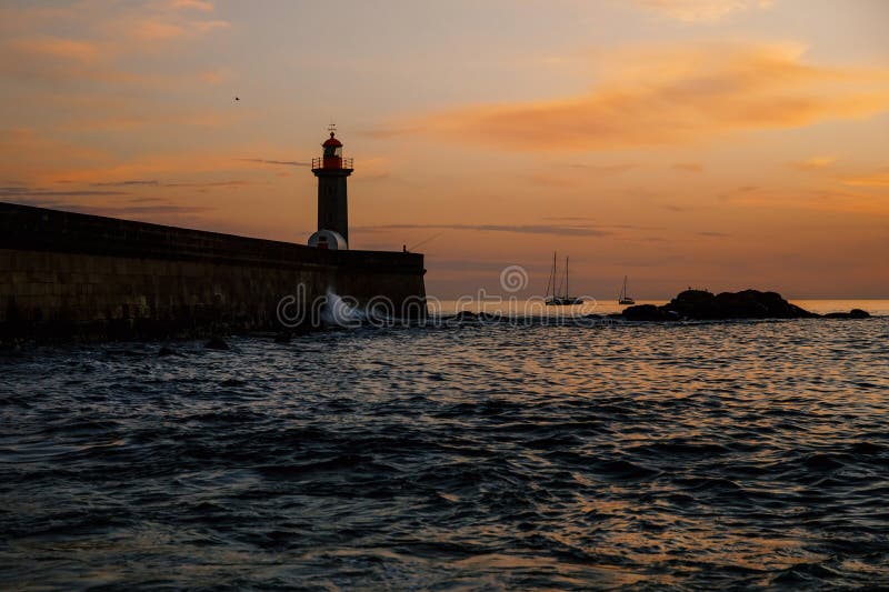 Ocean Lighthouse at the Sunset. Stock Image - Image of pool, water ...