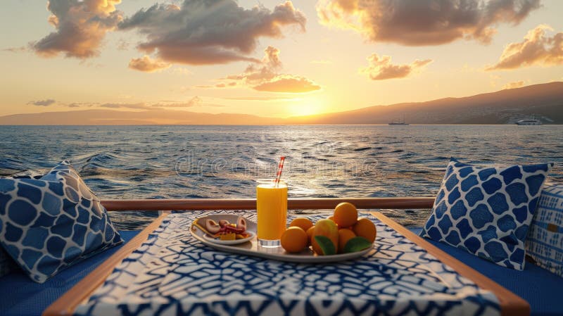 An Ocean Liner S Deck at Sunset, with a Table Adorned with Fresh Fruit ...