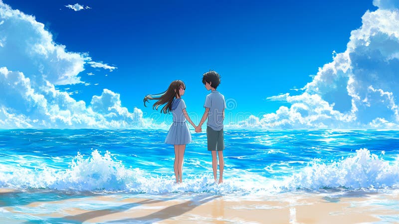 Ocean Lovers Illustration Anime Couple Beach Stock Photos - Free ...