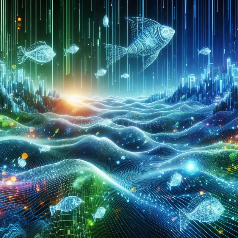 An Ocean Made Entirely of Digital Waves and Data Streams, Where Fish ...