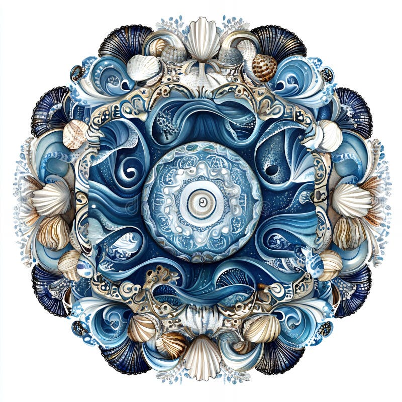 Ocean Mandala Blue Seashells and Waves Artistic Design Stock ...