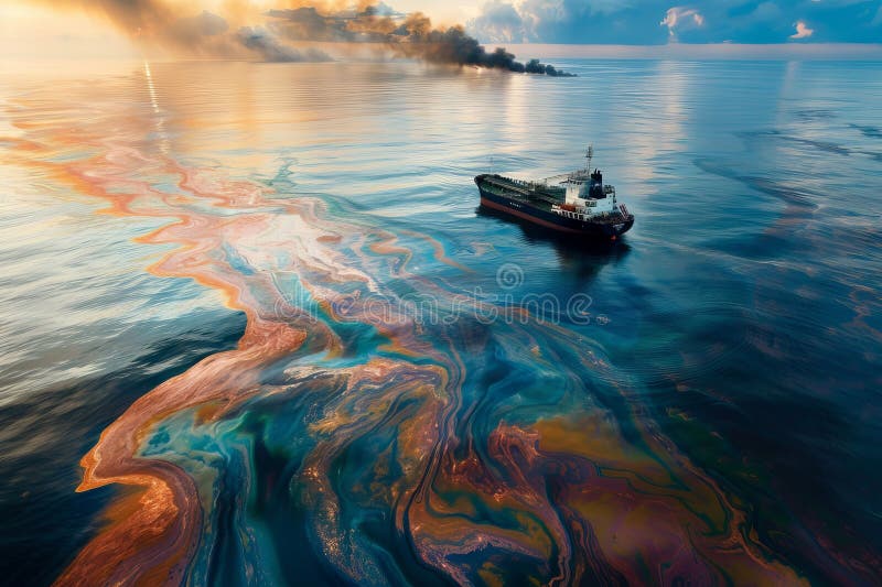 Ocean Oil Spill Disaster stock illustration. Illustration of water ...