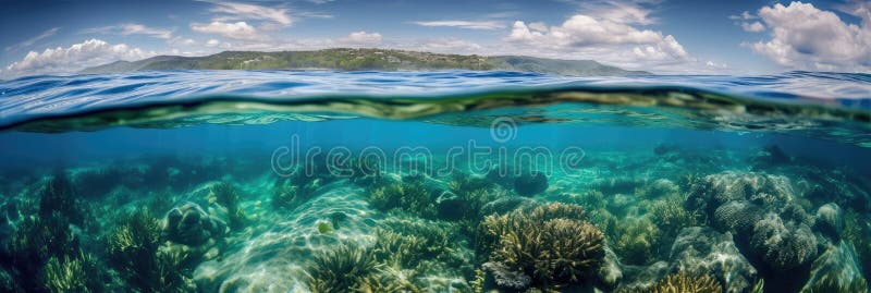 Ocean Panoramic View from Under the Water with the Visible Border of ...