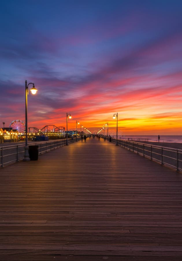 Ocean Pier at Sunset with Colorful Sky Stock Illustration ...