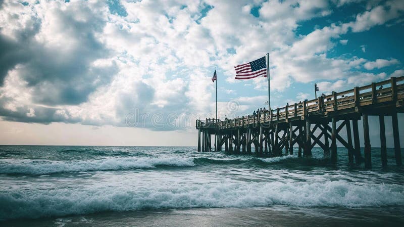 Ocean Pier with Waving American Flag Under Cloudy Sky Stock Image ...