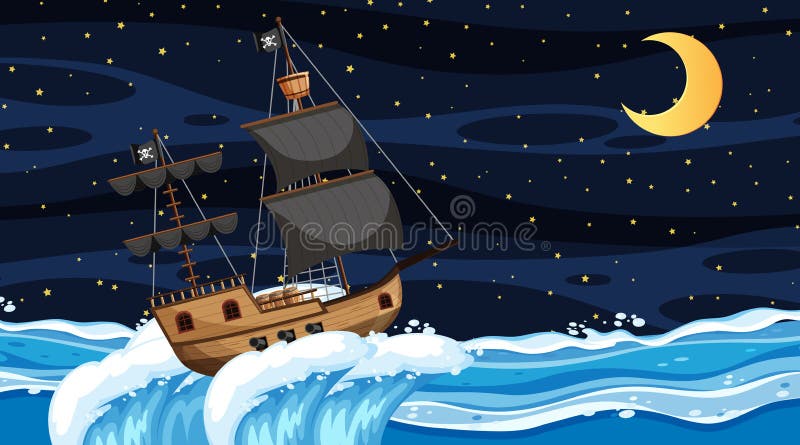 Ocean with Pirate Ship at Night Scene in Cartoon Style Stock Vector ...