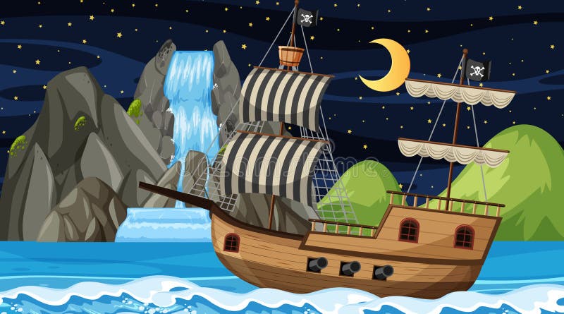 Ocean with Pirate Ship at Night Scene in Cartoon Style Stock Vector ...