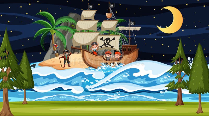 Ocean with Pirate Ship at Night Scene in Cartoon Style Stock Vector ...