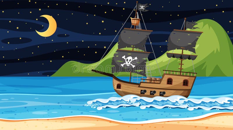 Ocean with Pirate Ship at Night Scene in Cartoon Style Stock Vector ...