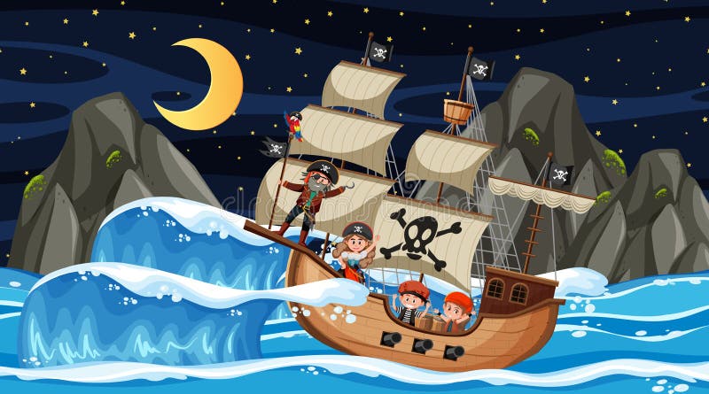 Ocean with Pirate Ship at Night Scene in Cartoon Style Stock Vector ...