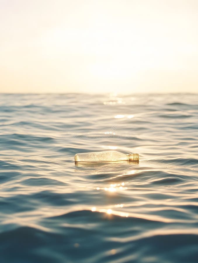 Ocean Plastic Pollution Empty Glass Bottle Floating on Calm Sea Water ...