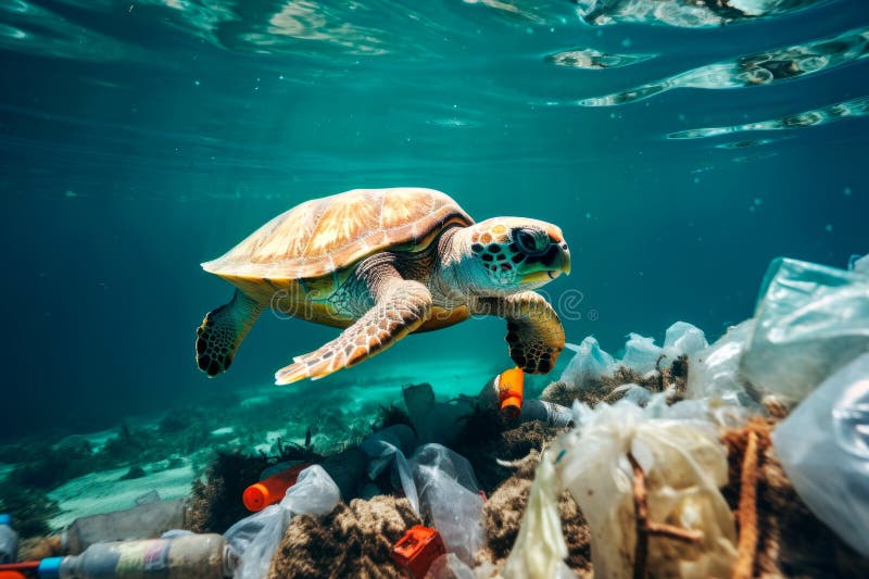 Ocean Plastic Pollution is an Environmental Problem. a Turtle Swims ...