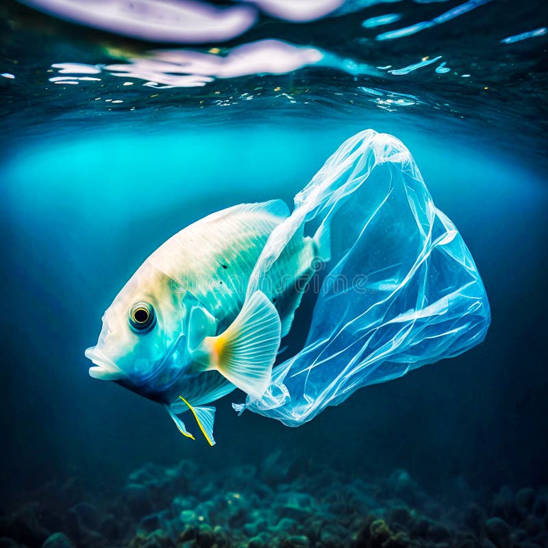 Ocean Plastic Pollution. a Fish with Plastic Bag, Generative AI Stock ...