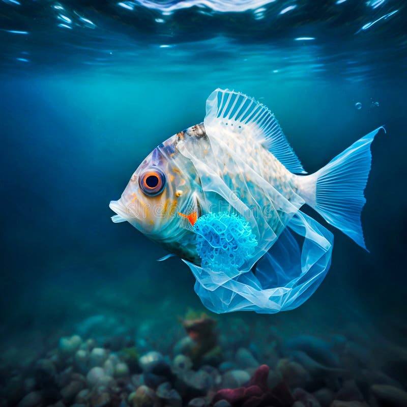 Ocean Plastic Pollution. a Fish with Plastic Bag, Generative AI Stock ...