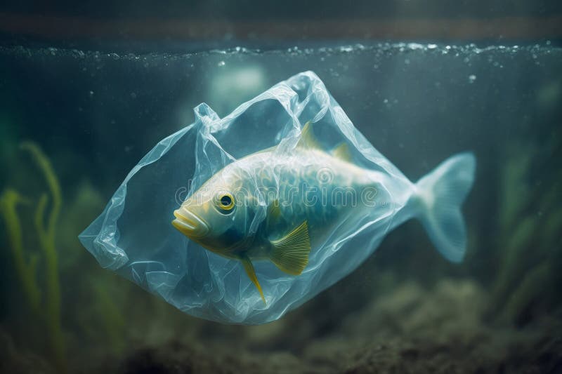 Ocean Plastic Pollution. a Fish with Plastic Bag in the Ocean Stock ...