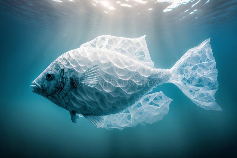 Ocean Plastic Pollution. a Fish with Plastic Bag in the Ocean Stock ...