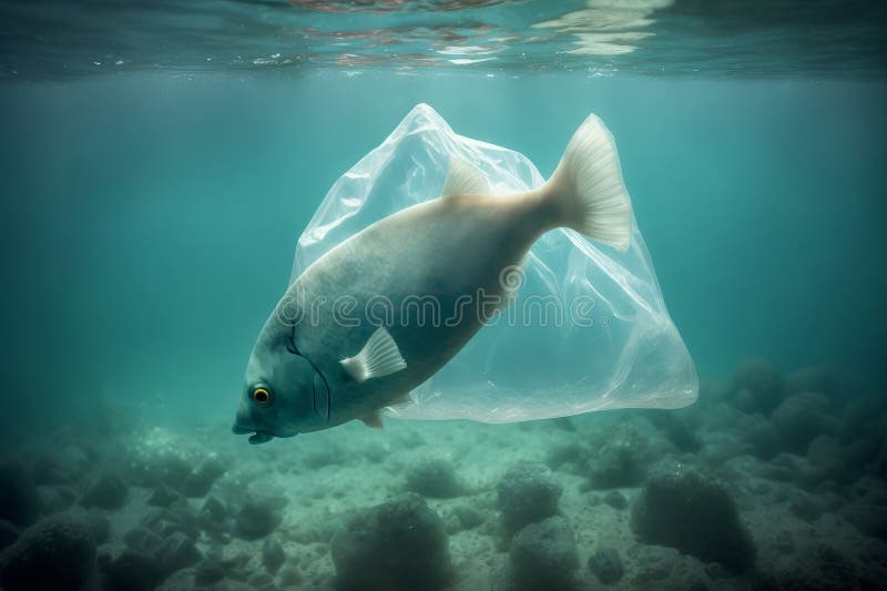 Ocean Plastic Pollution. a Fish with Plastic Bag in the Ocean Stock ...