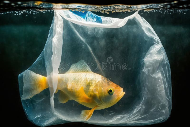 Ocean Plastic Pollution. a Fish with Plastic Bag in the Ocean Stock ...