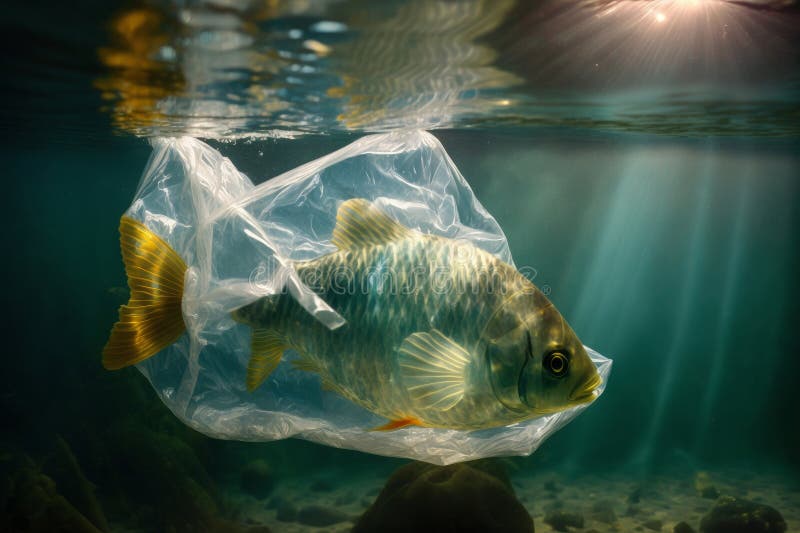 Ocean Plastic Pollution. a Fish with Plastic Bag in the Ocean Stock ...