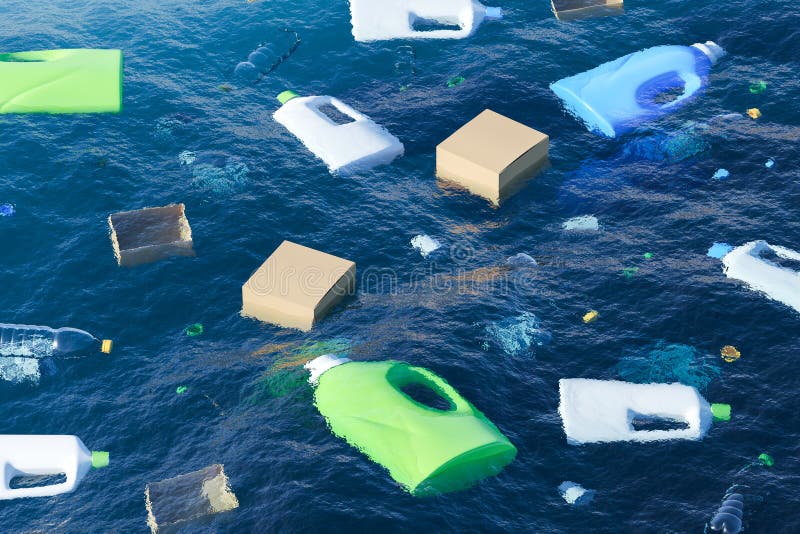 Ocean Polluted by Plastic and Paper Material, Bottles and Boxes Stock ...