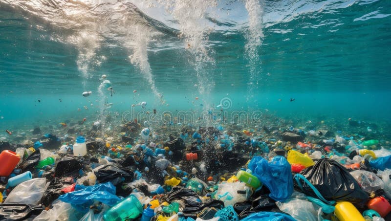 Ocean Pollution Beneath the Surface with Plastic Waste and Bubbles in ...