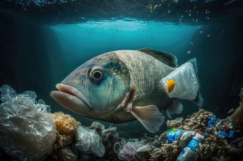 Ocean Pollution Concept. Fish Under Water in Sea and Plastic Waste ...