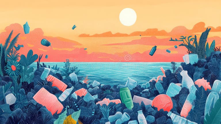 Ocean Pollution Illustration with Plastic Waste Stock Illustration ...