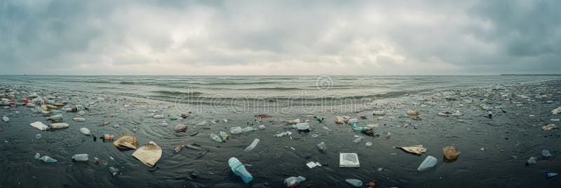 Ocean Pollution with Plastic Debris Scattered on a Beach Under Cloudy ...