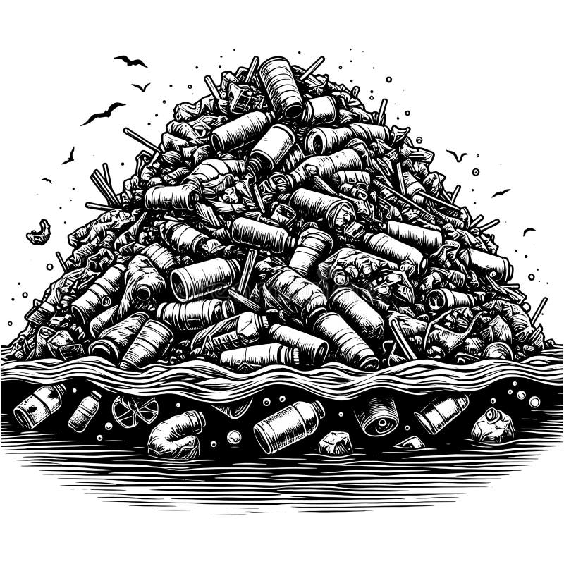 Ocean Pollution with Plastic Waste in Monochrome Drawing Style. Vector ...
