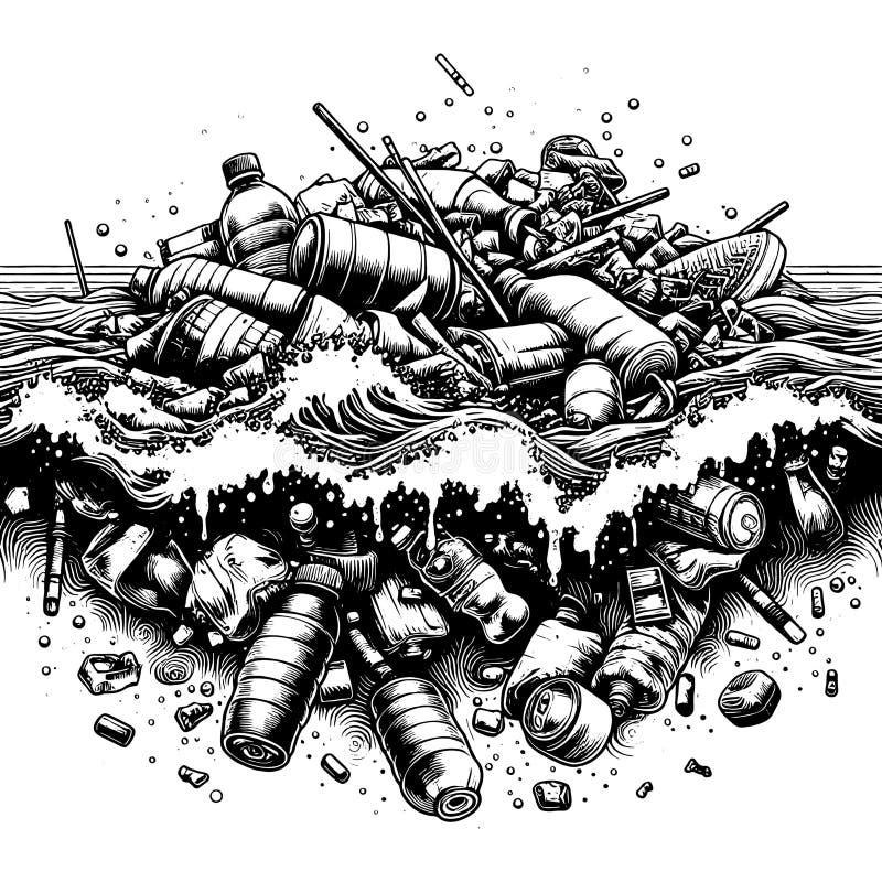 Ocean Pollution with Plastic Waste in Monochrome Drawing Style. Vector ...