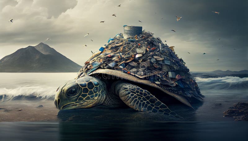 Ocean Pollution. Sad Turtle on the Ocean among the Mountains of Garbage ...