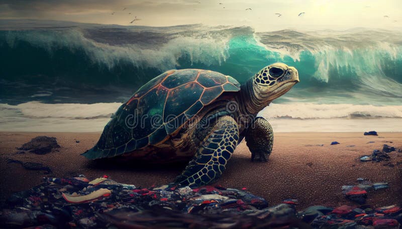 Ocean Pollution. Sad Turtle on the Ocean among the Mountains of Garbage ...