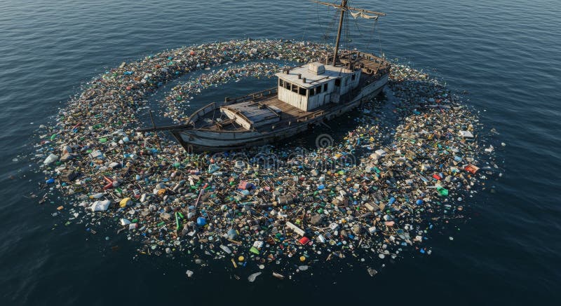 Ocean Pollution a Ship Surrounded by Plastic Waste Abandoned Ship ...