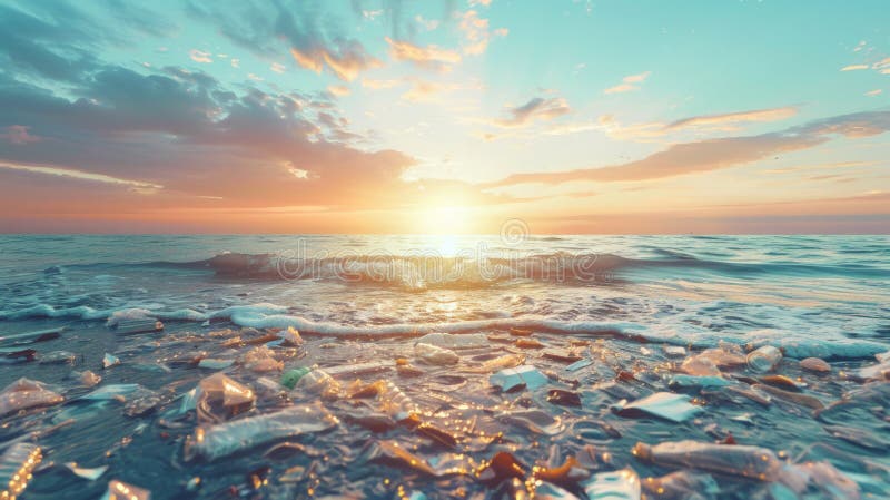 Ocean Pollution at Sunset: Plastic Waste on Seashore Under Vibrant Sky ...