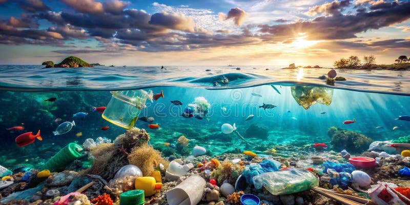 Garbage Floating in Ocean with Text Stop Ocean Plastic Pollution ...