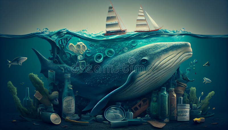 Ocean Pollution. Whale in the Ocean among Piles of Garbage ...