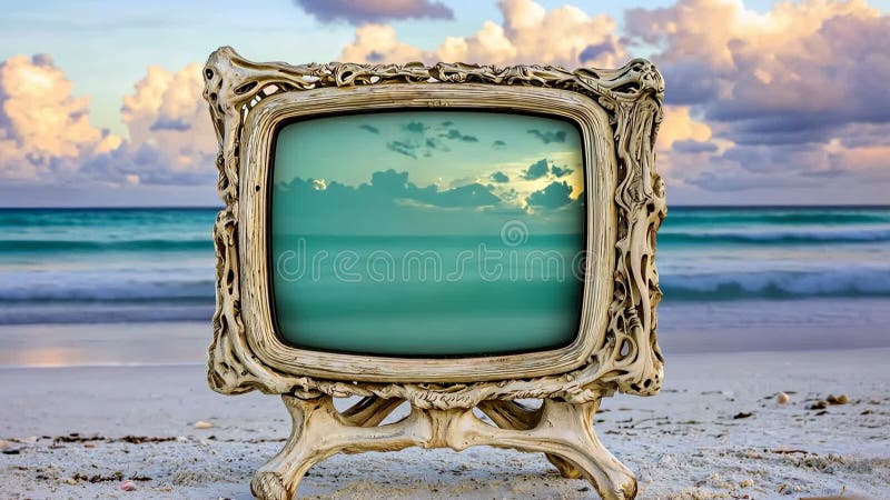 Ocean Reflecting on Vintage Television on Beach Stock Video - Video of ...