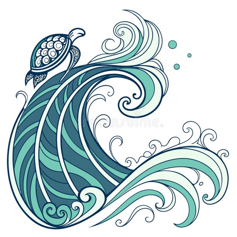 Ocean Rhythm: Stylized Wave with a Graceful Sea Turtle, Vector Design ...