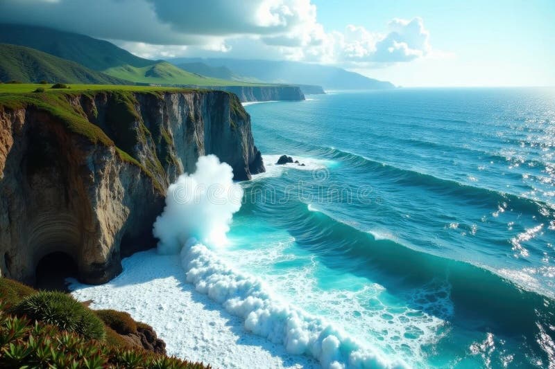 Ocean S Colossal Waves Crash Against Shore from Clifftop Vantage ...