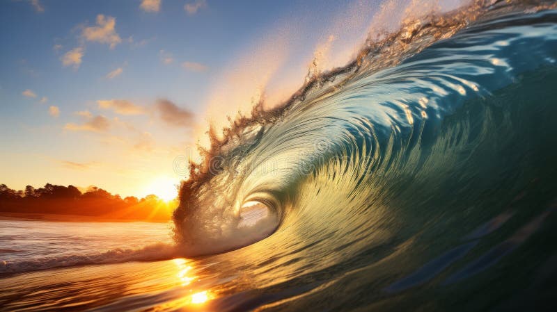 Ocean& X27;s Embrace. a Stunning Wave Curls Against a Sunset Backdrop ...