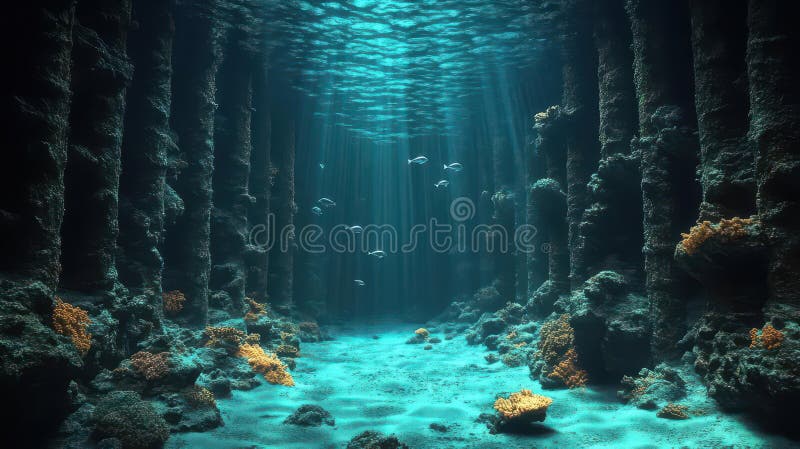 Ocean S Sunlit Depths, Underwater Pillars & Reef Stock Illustration ...