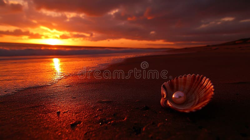 By the Ocean S Waves, a Beach at Sunset Features a Shell and a Pearl ...