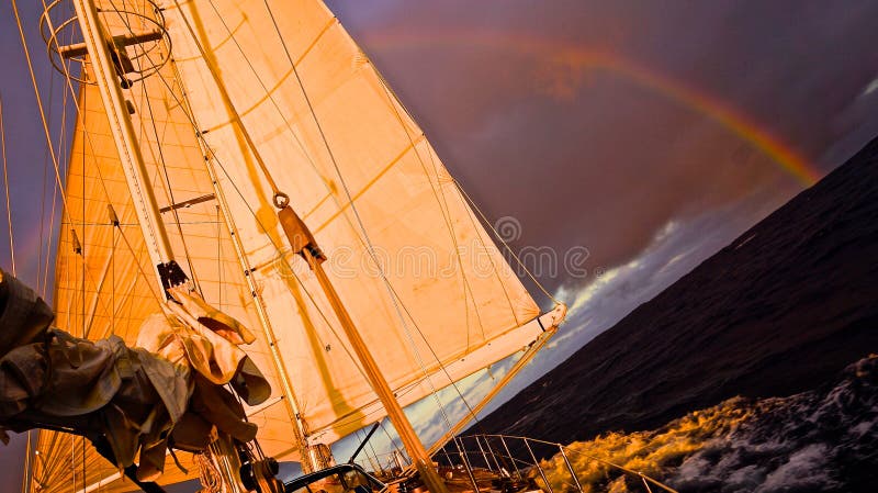 Ocean sailing and rainbow stock image. Image of sailboat - 64403917