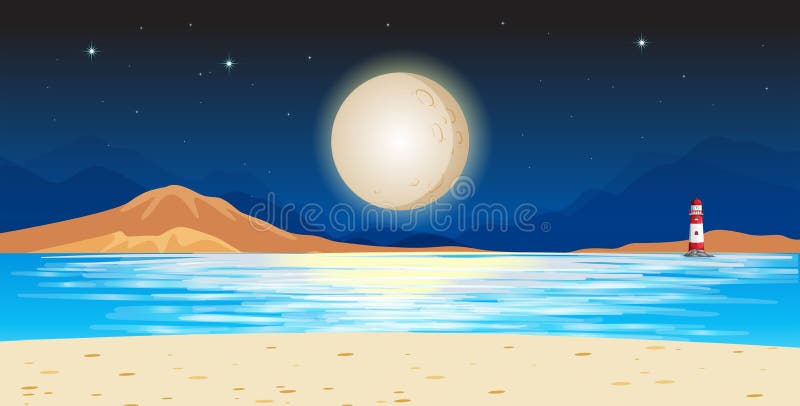 Ocean Scene with Lighthouse at Night Stock Vector - Illustration of ...