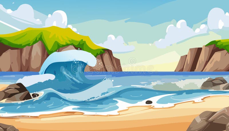 Ocean Scene with Waves in the Ocean Illustration. Cartoon Vector ...
