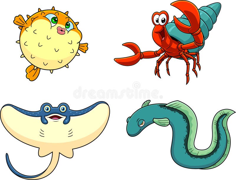 Ocean or Sea Animals Cartoon Characters Different Poses Stock Vector ...