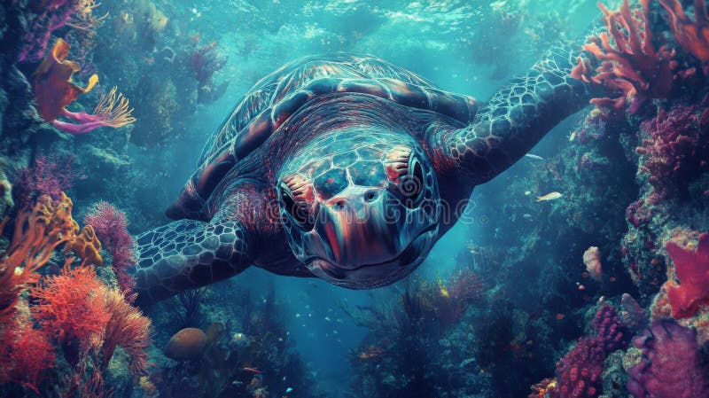 Ocean Sea Turtle in Vibrant Coral Reef Underwater Stock Illustration ...