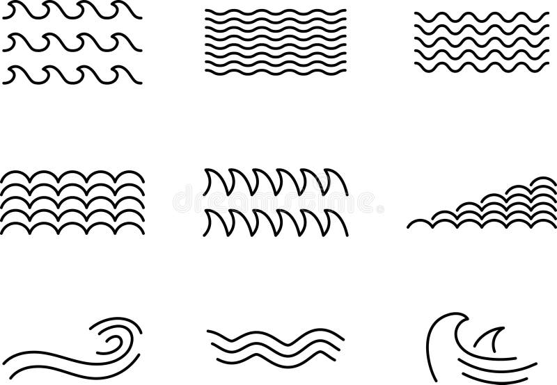 Ocean, Sea Waves Flat Simple Lines Vector Set Stock Illustration ...