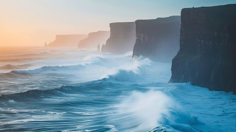 Ocean Seascape at Shoreline with Huge Waves Hitting Cliffs at Sunrise ...